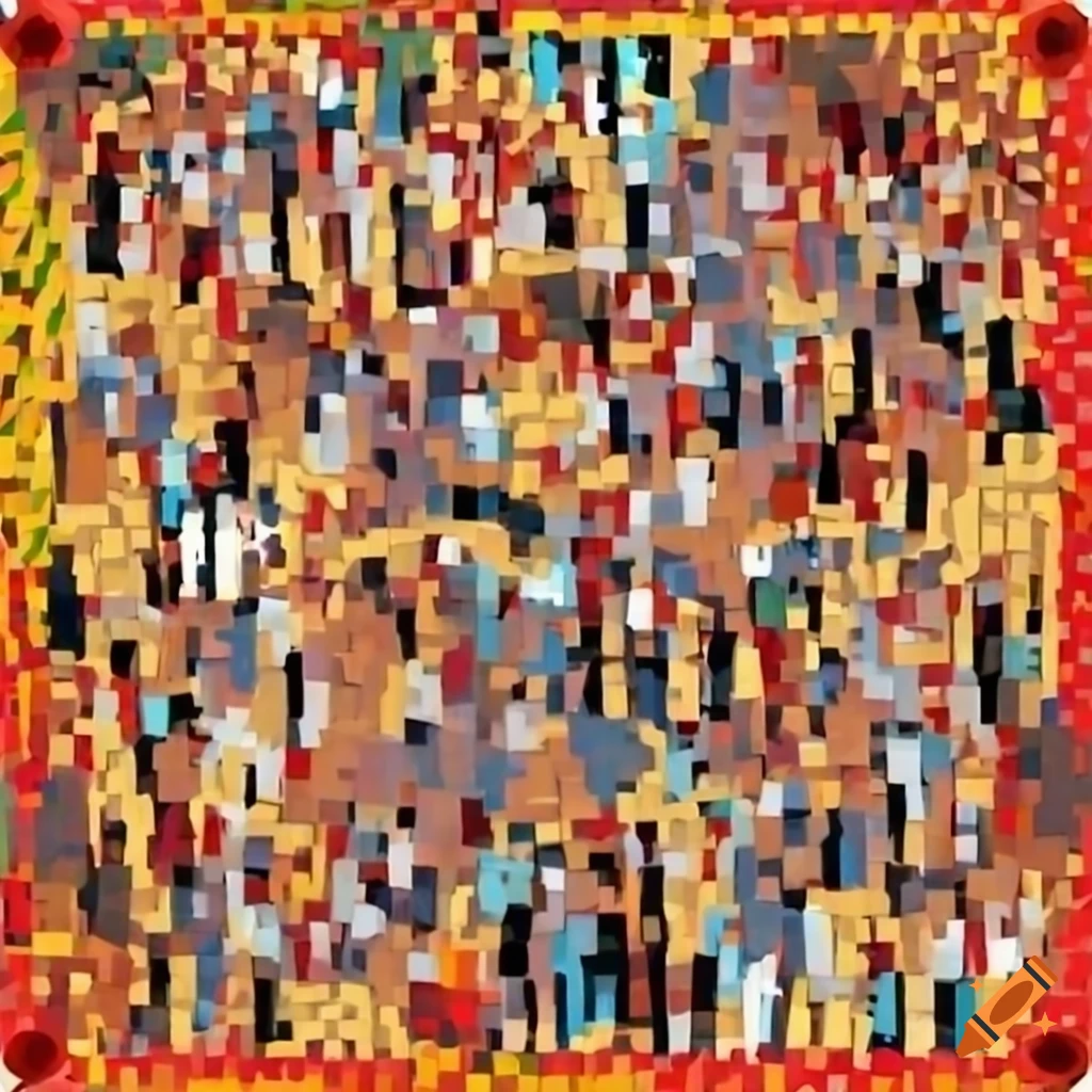 Cubist mosaic painting of crowd people in a maze