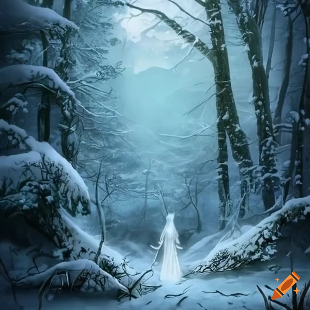 Fantasy artwork of an elven spirit in a snowy forest on Craiyon