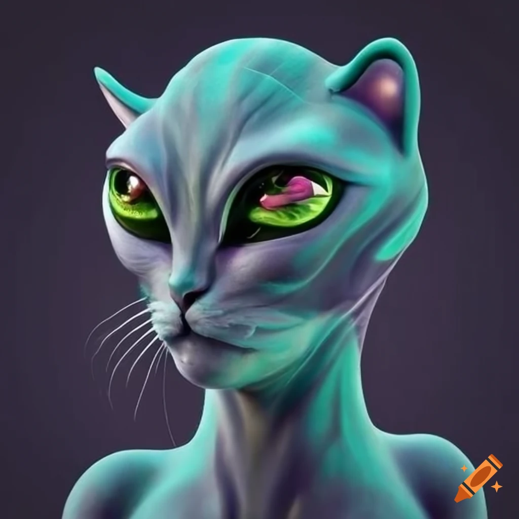 Colorful alien cat with a big rose-shaped head