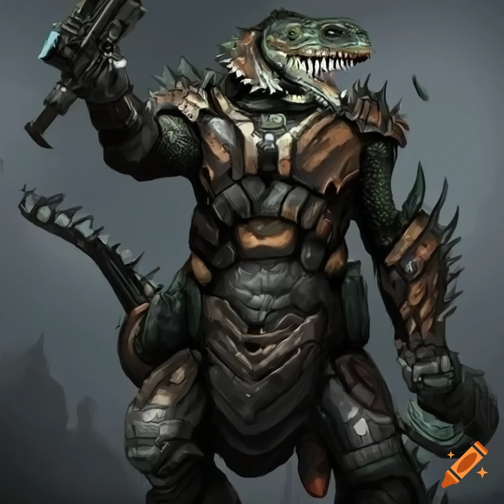 Sci-fi lizardmen in armor with a gun