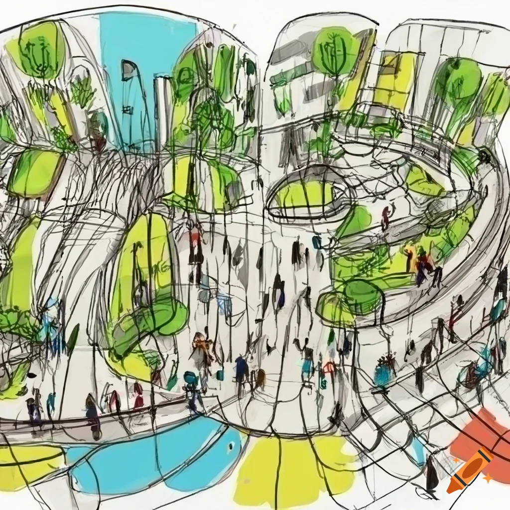 Concept sketch of a sustainable town center with people and plants on ...