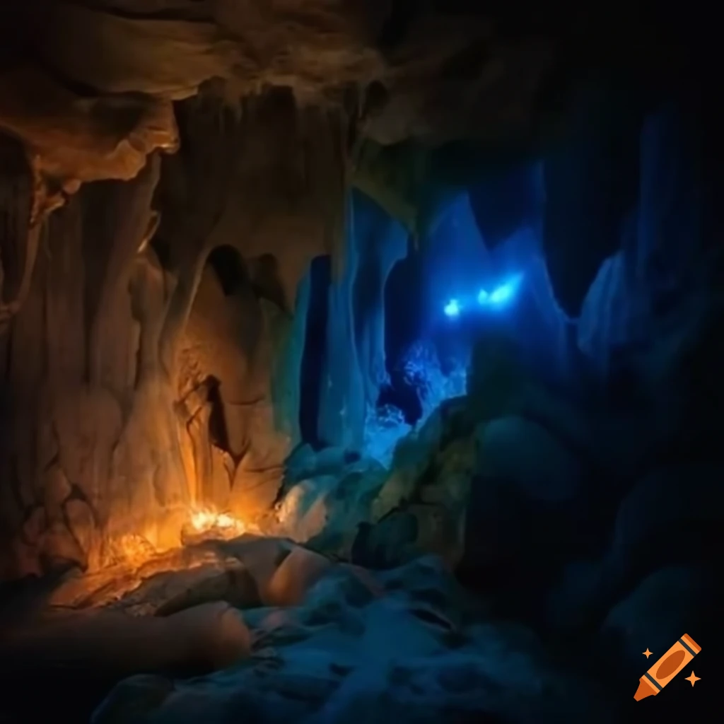 Glowing minerals in a dark cave on Craiyon