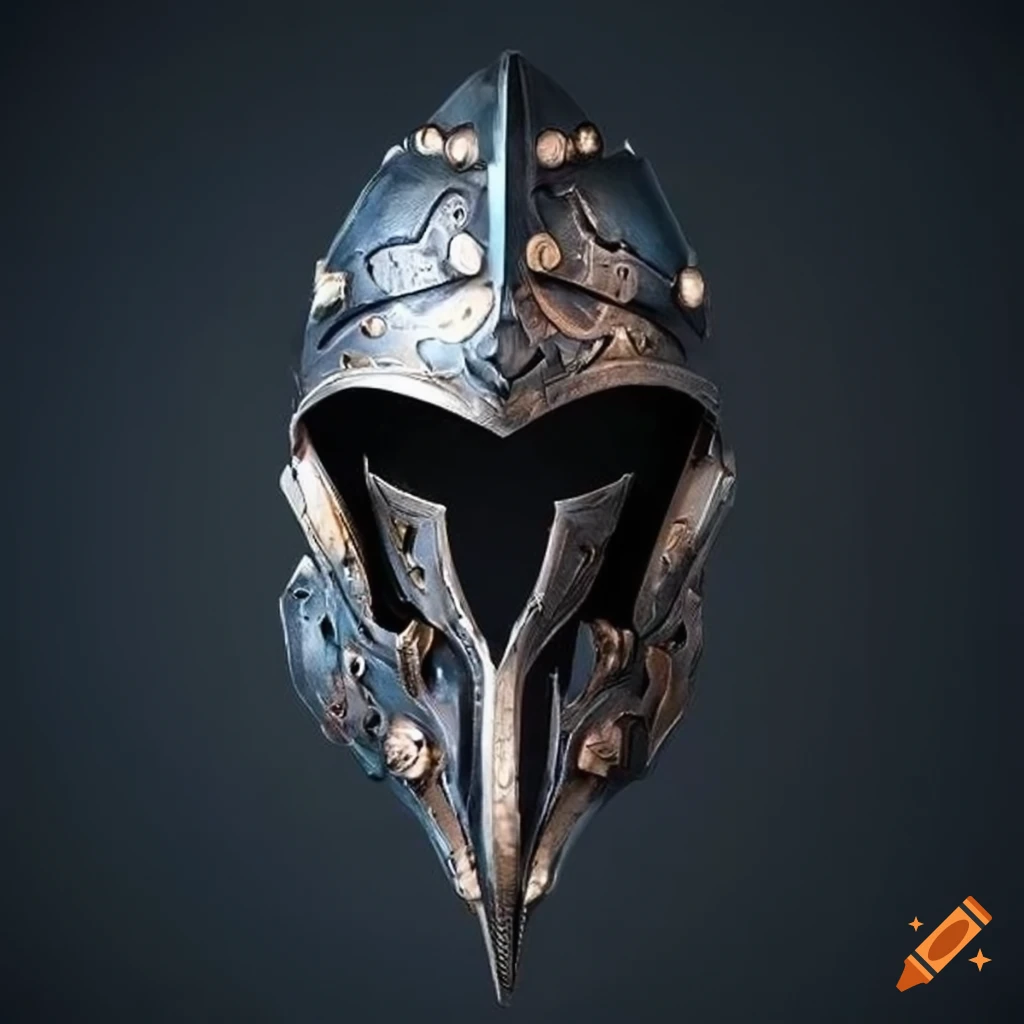 Intricate steel helmet with symmetrical design on Craiyon