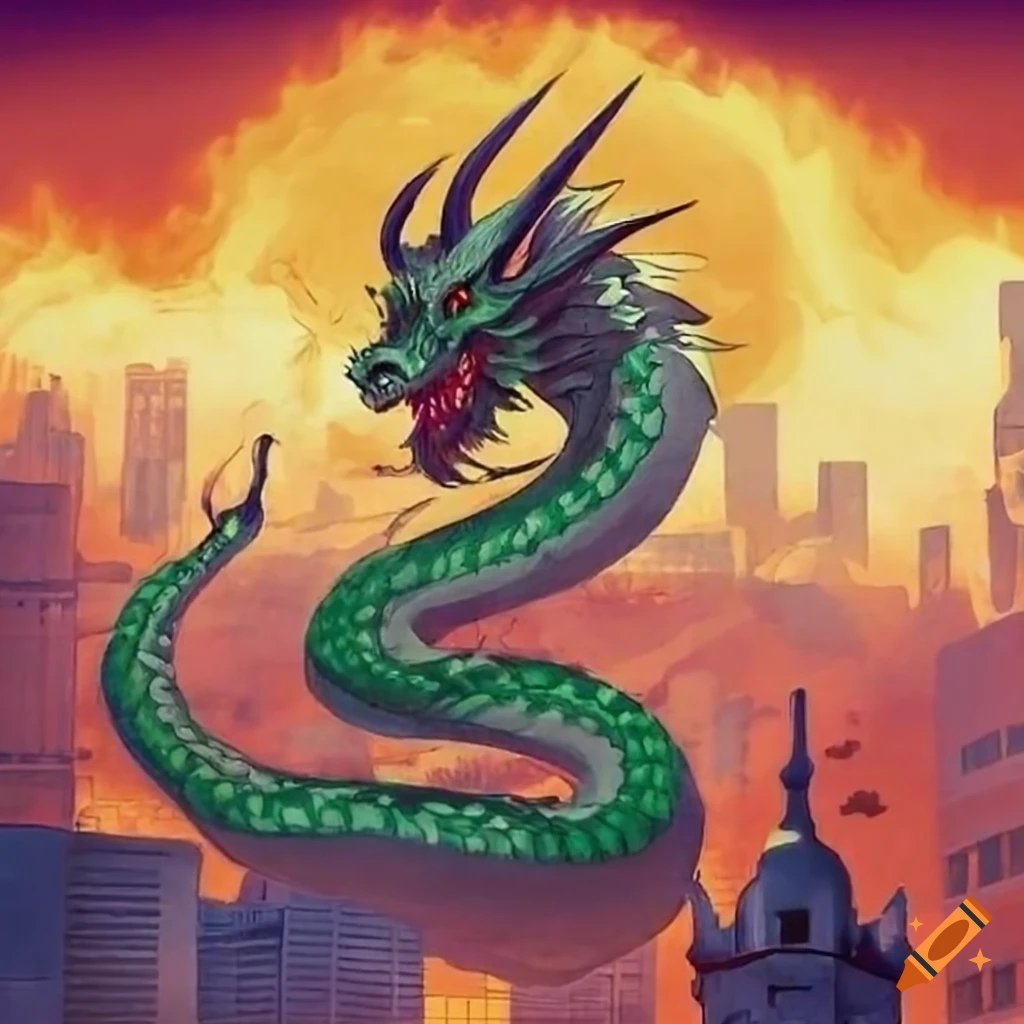 Illustration of a dragon overlooking a burning city