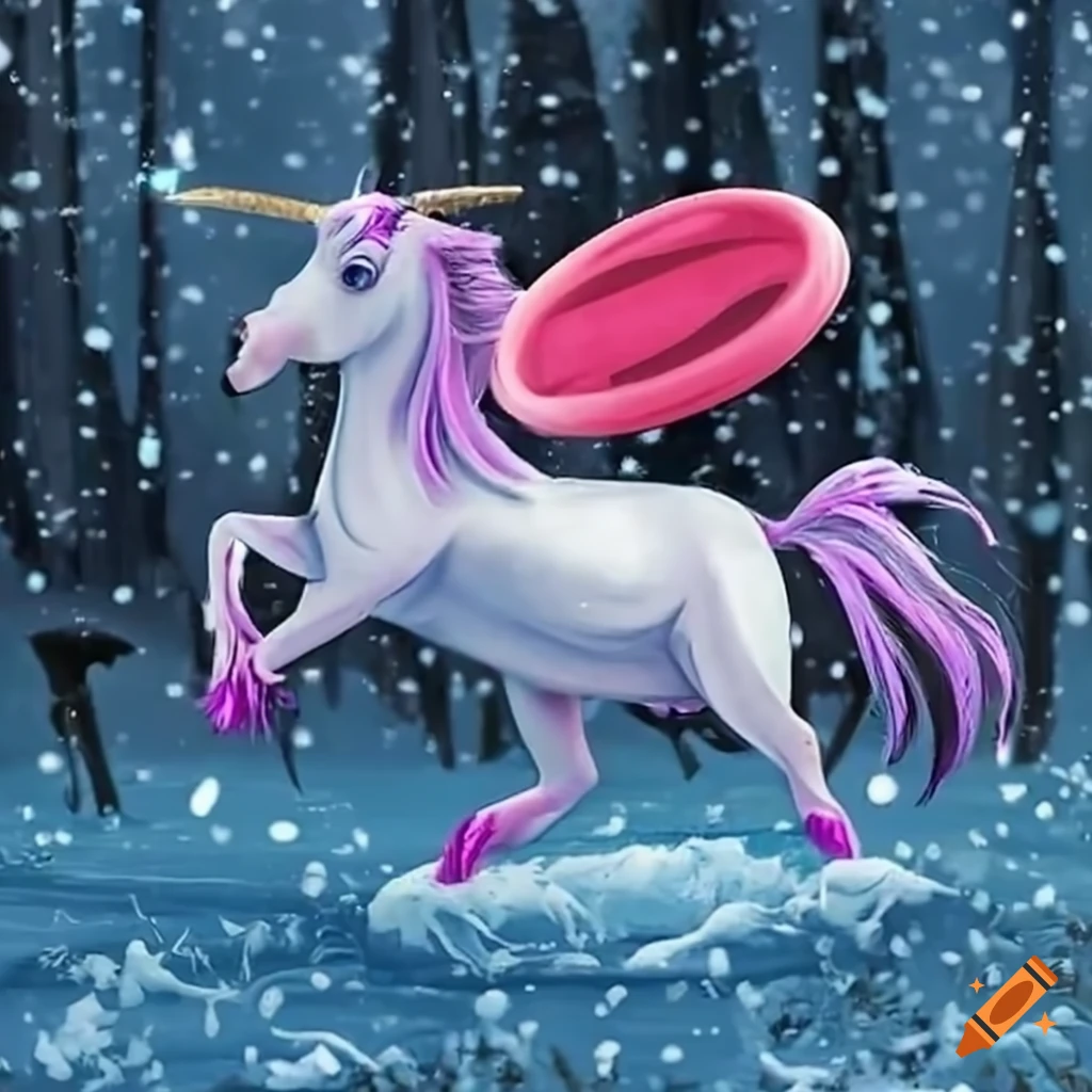 Unicorns playing ultimate frisbee in snowy field on Craiyon