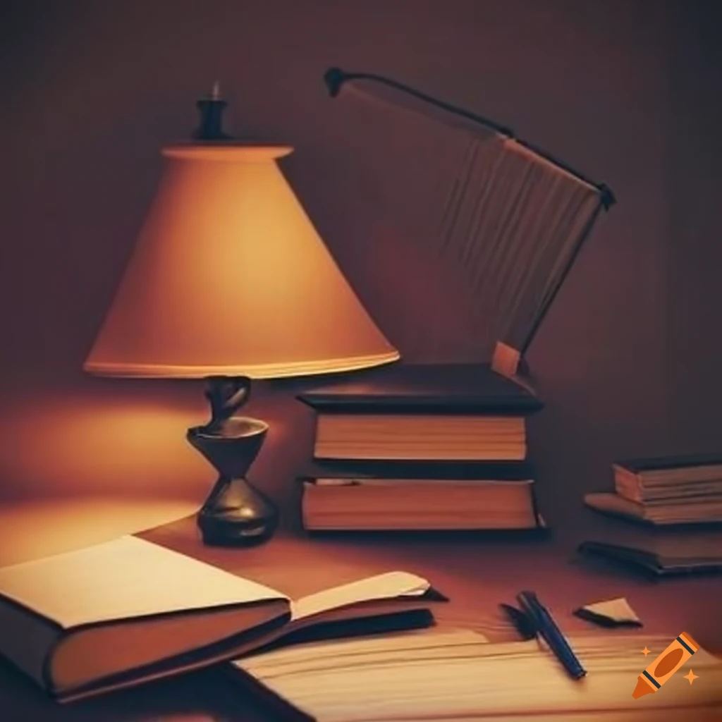 Cozy study table with books and lamp in a library