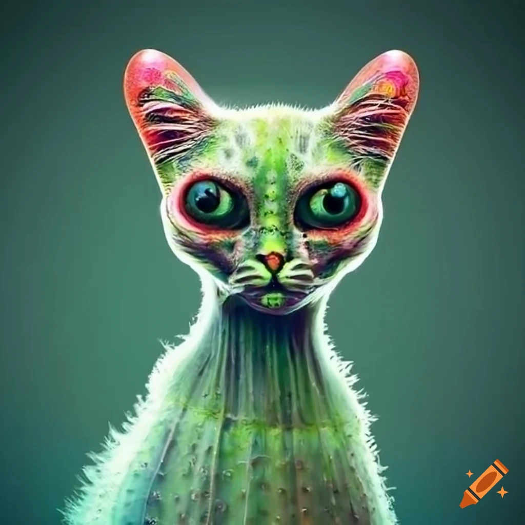 Surreal illustration of an alien cat with a cactus-head