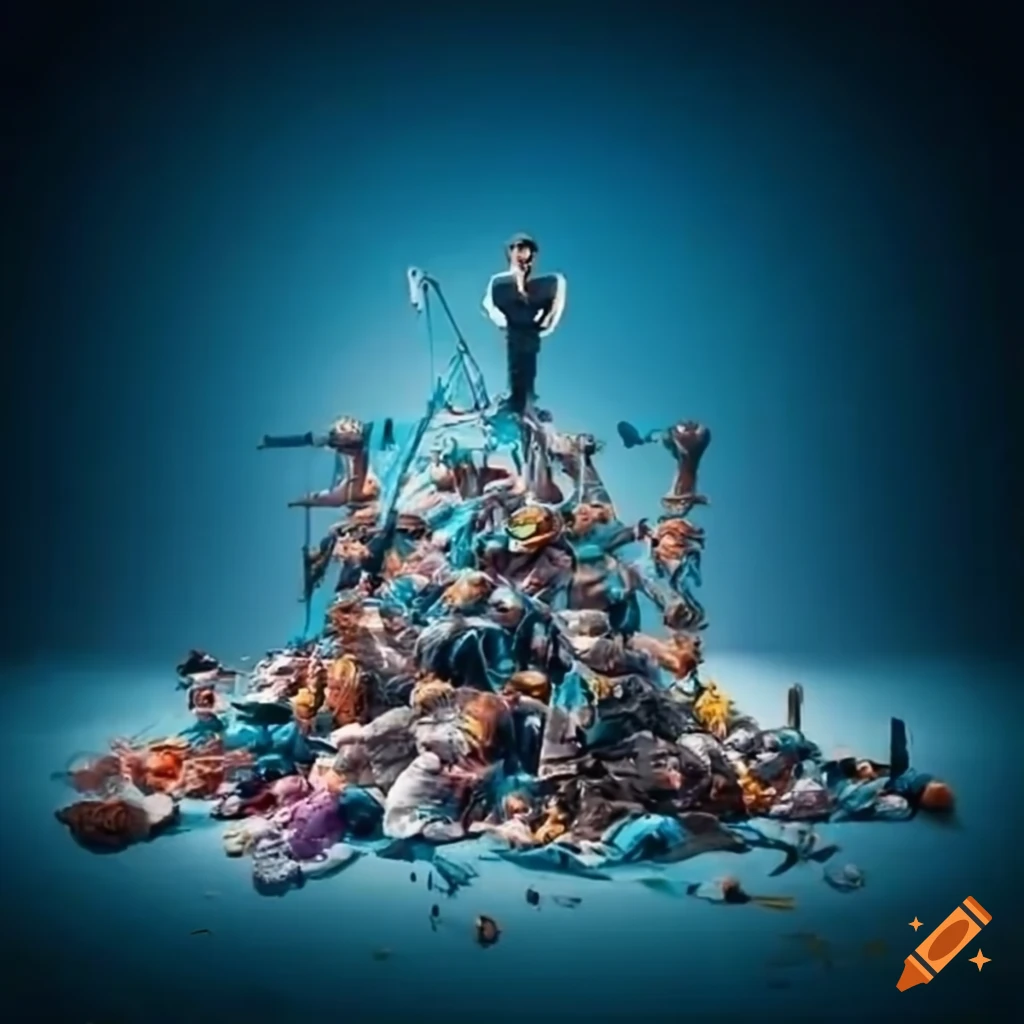 Pile of popular inventions with scientists in background