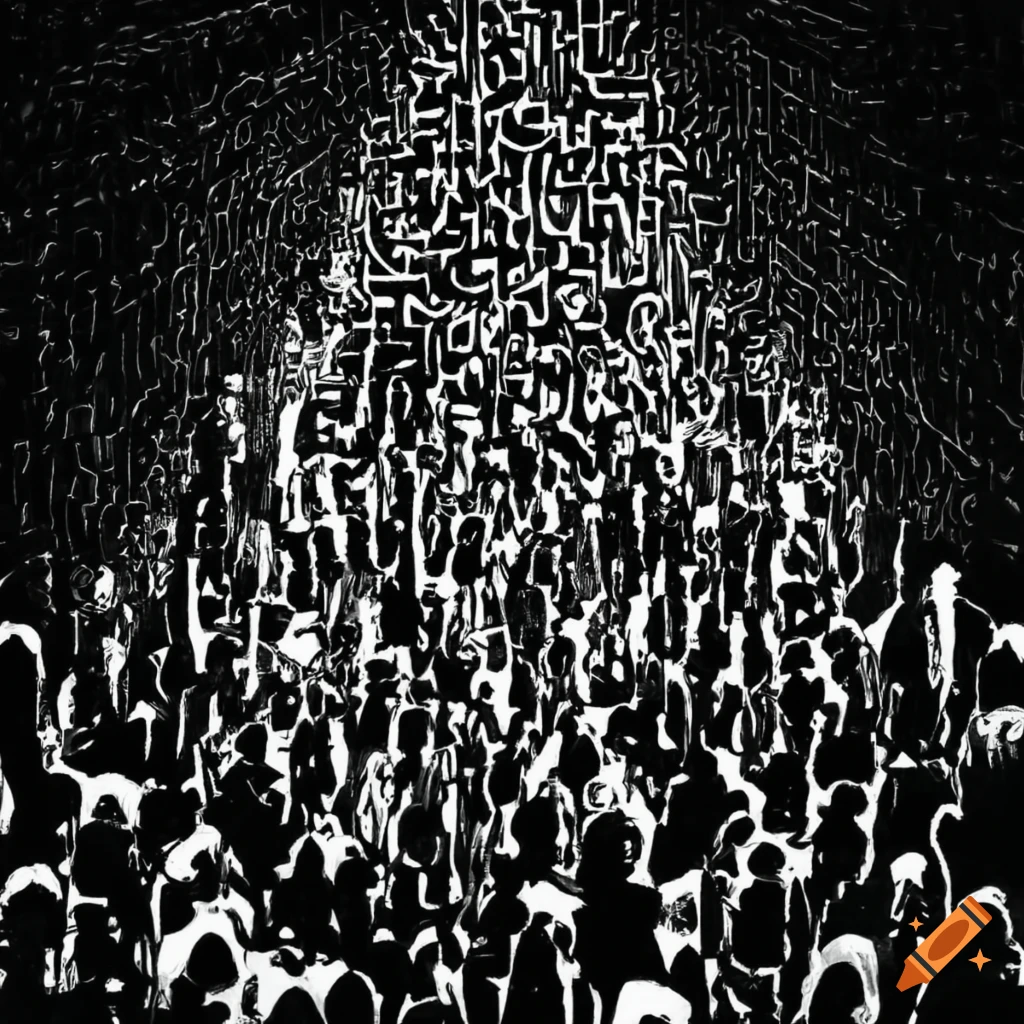 Black calligraphy maze with a crowd inside