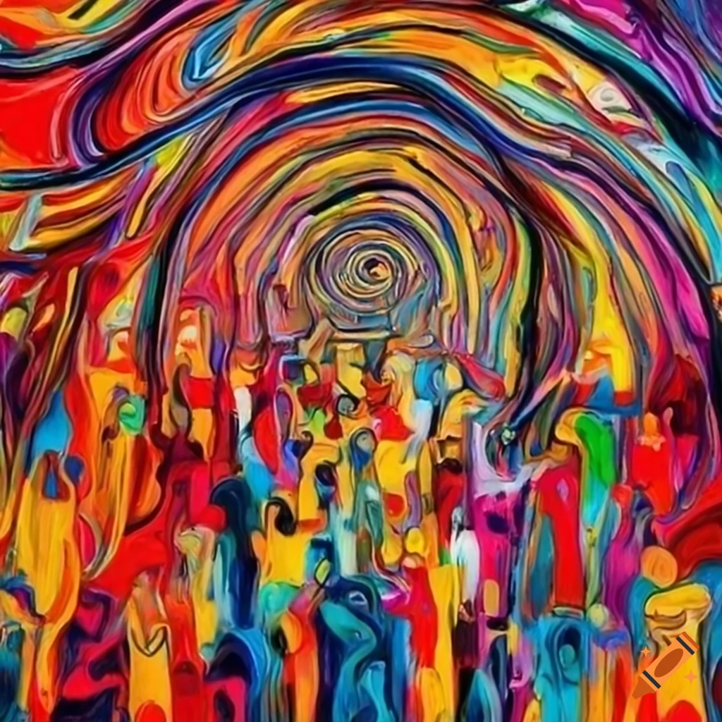 Abstract painting of people in a maze