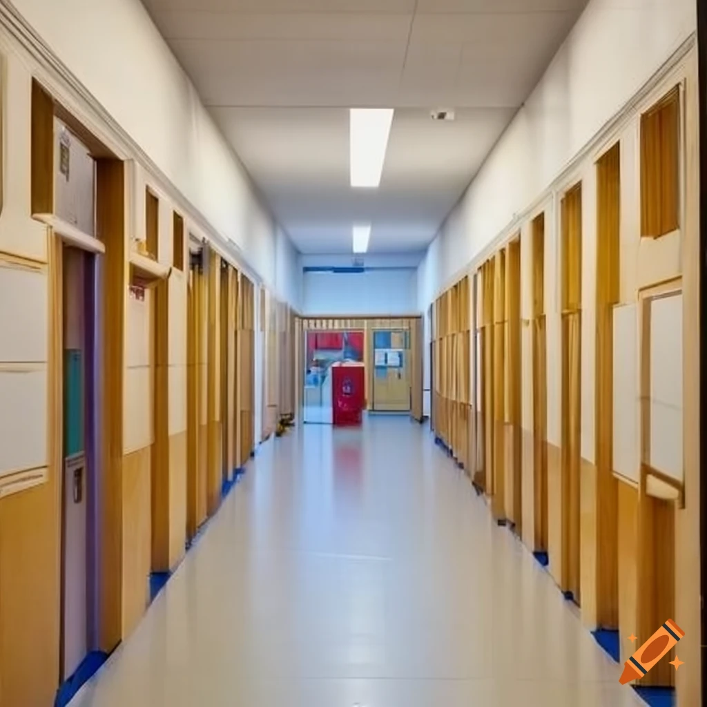Interior of a school corridor with classrooms and a central hall