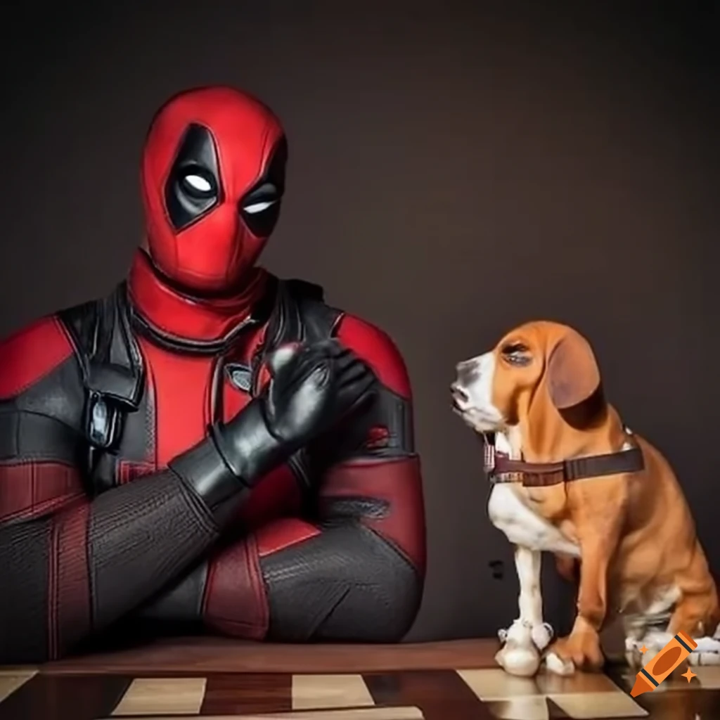Beagle and deadpool playing chess