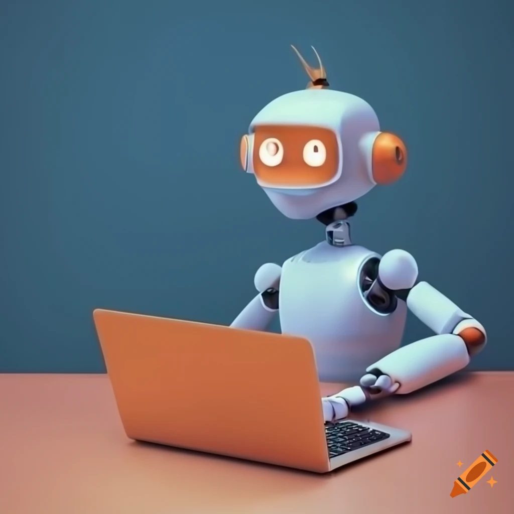 Whimsical 3d render of a cute robot working in an office