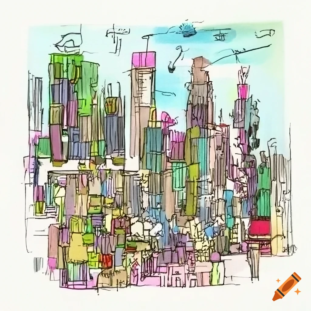 Urban sketch of a colorful future city with plants on Craiyon