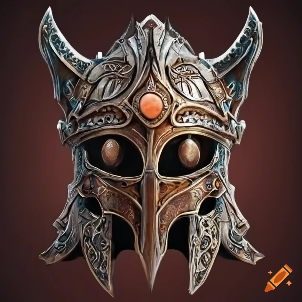Symmetrical fantasy leather helm with intricate details on Craiyon