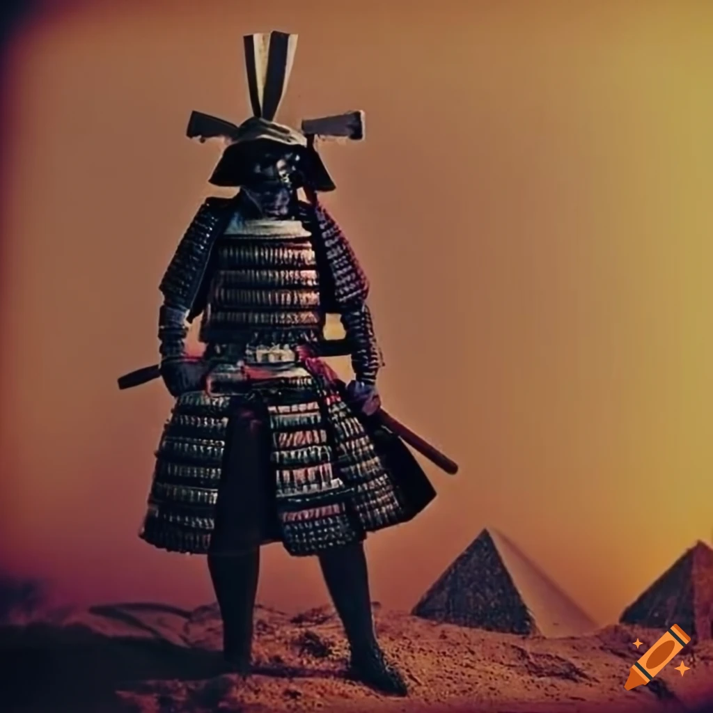 Polaroid photograph of a samurai at the pyramids