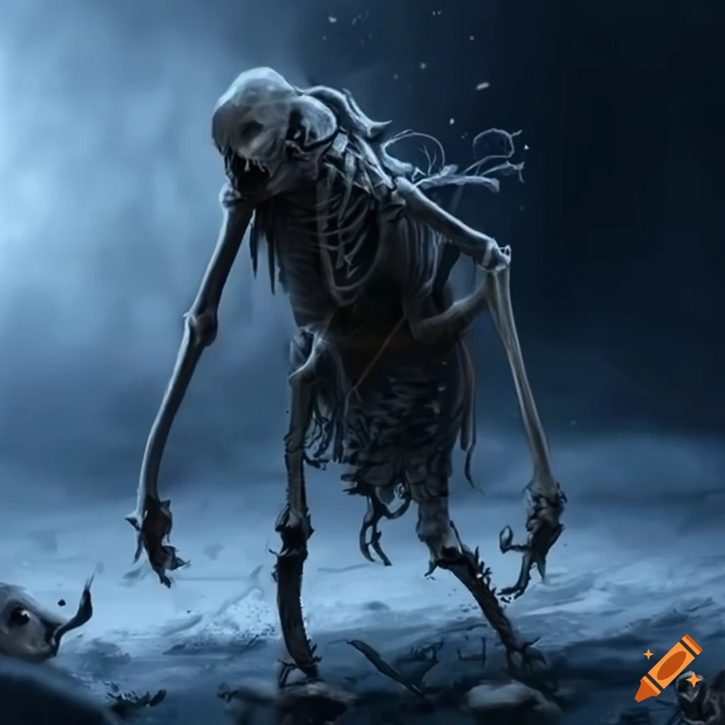 Undead skeleton stalking a winter wasteland on Craiyon