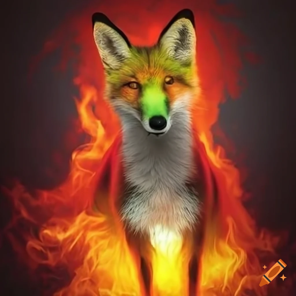 Image of a rainbow fox with fire tail
