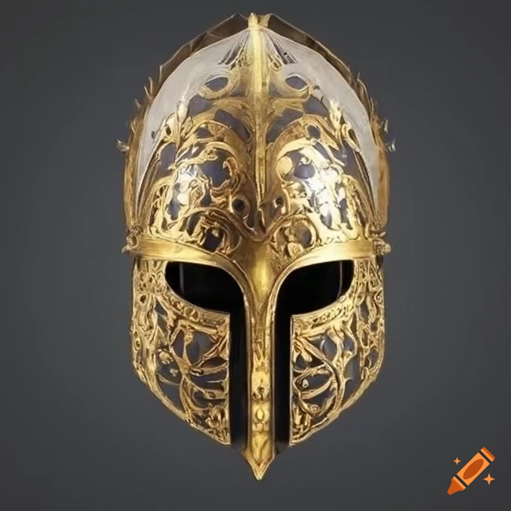 Intricate mythic gilded steel helmet