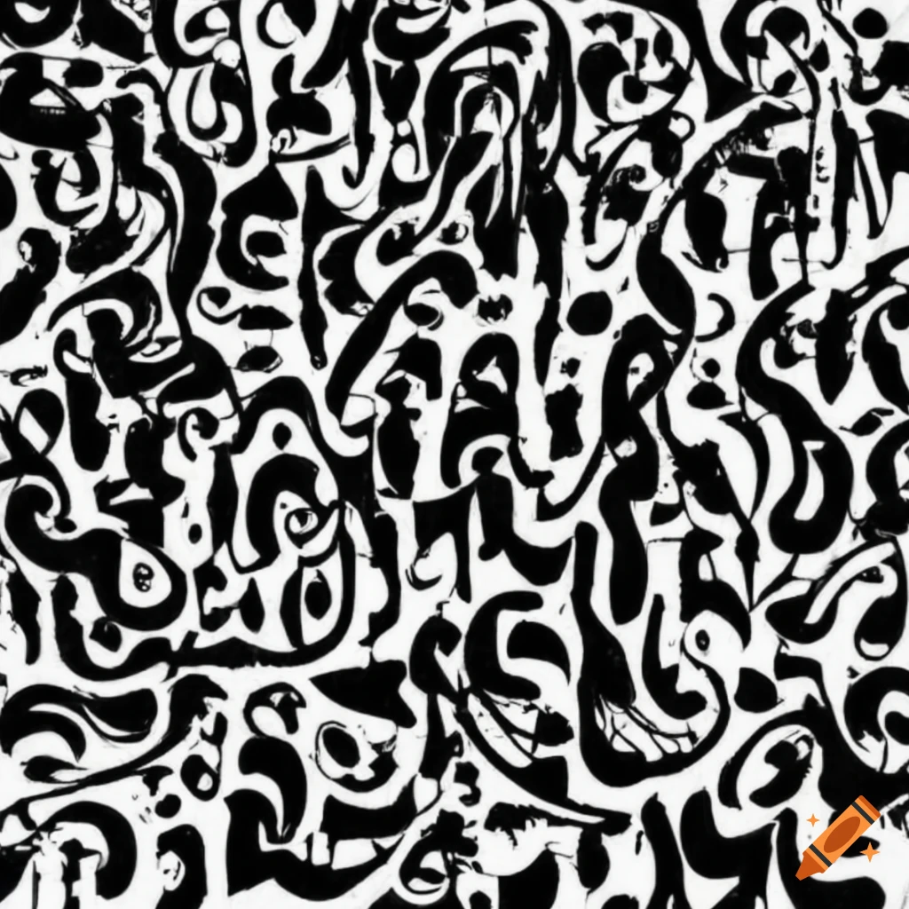 Black calligraphy maze with a crowd inside