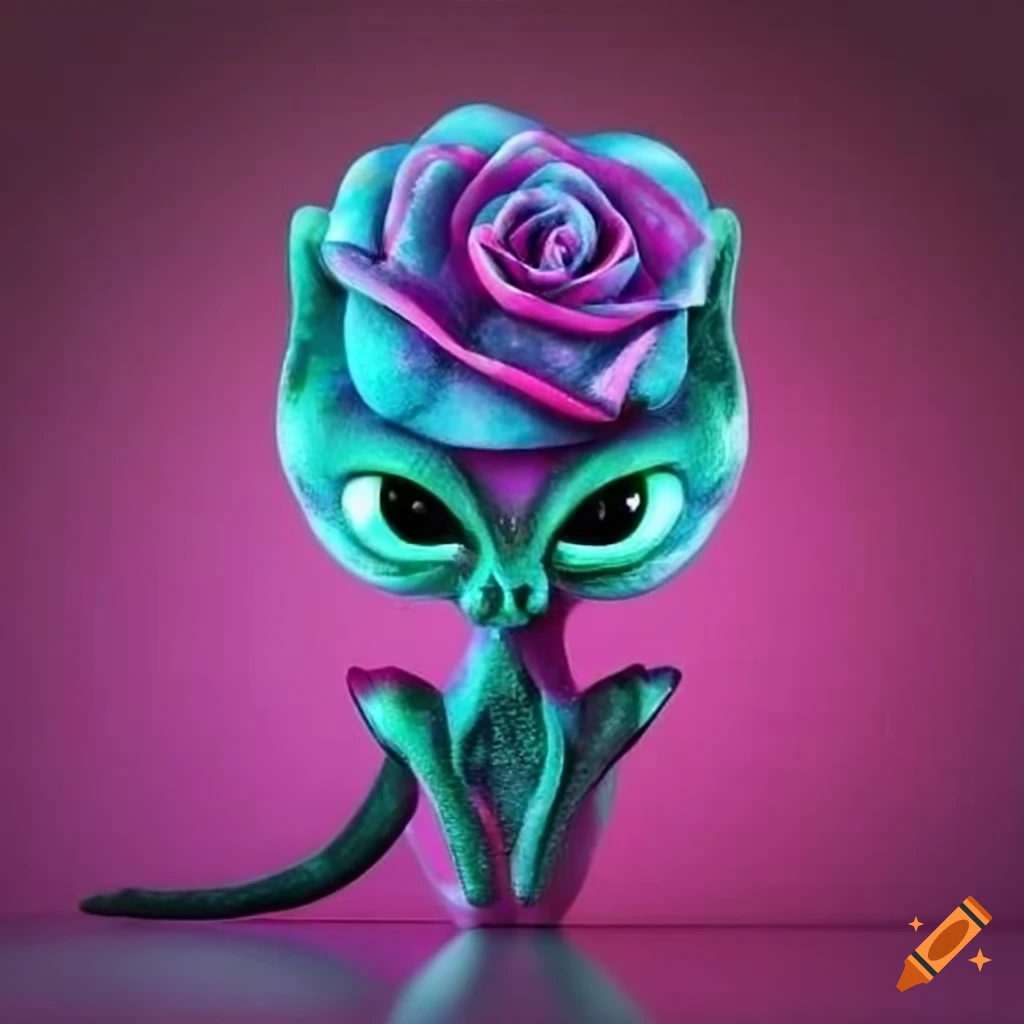 Colorful alien-like cat with a rose-shaped head on Craiyon