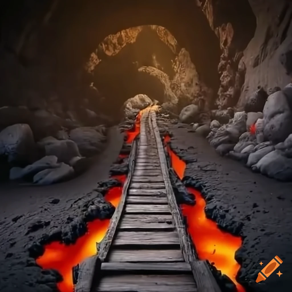 Race cars racing across a wooden bridge in a cave