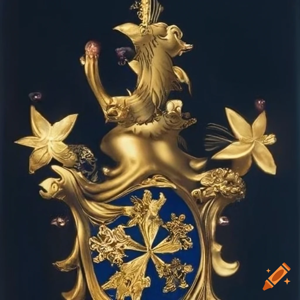 Blue coat of arms with gold stars and lilies on Craiyon