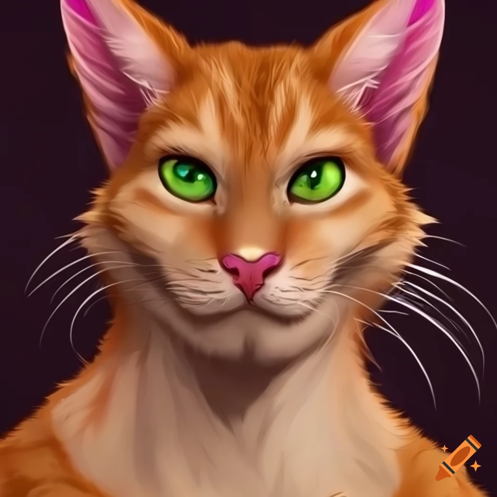 Realistic illustration of an orange furry cat with green eyes