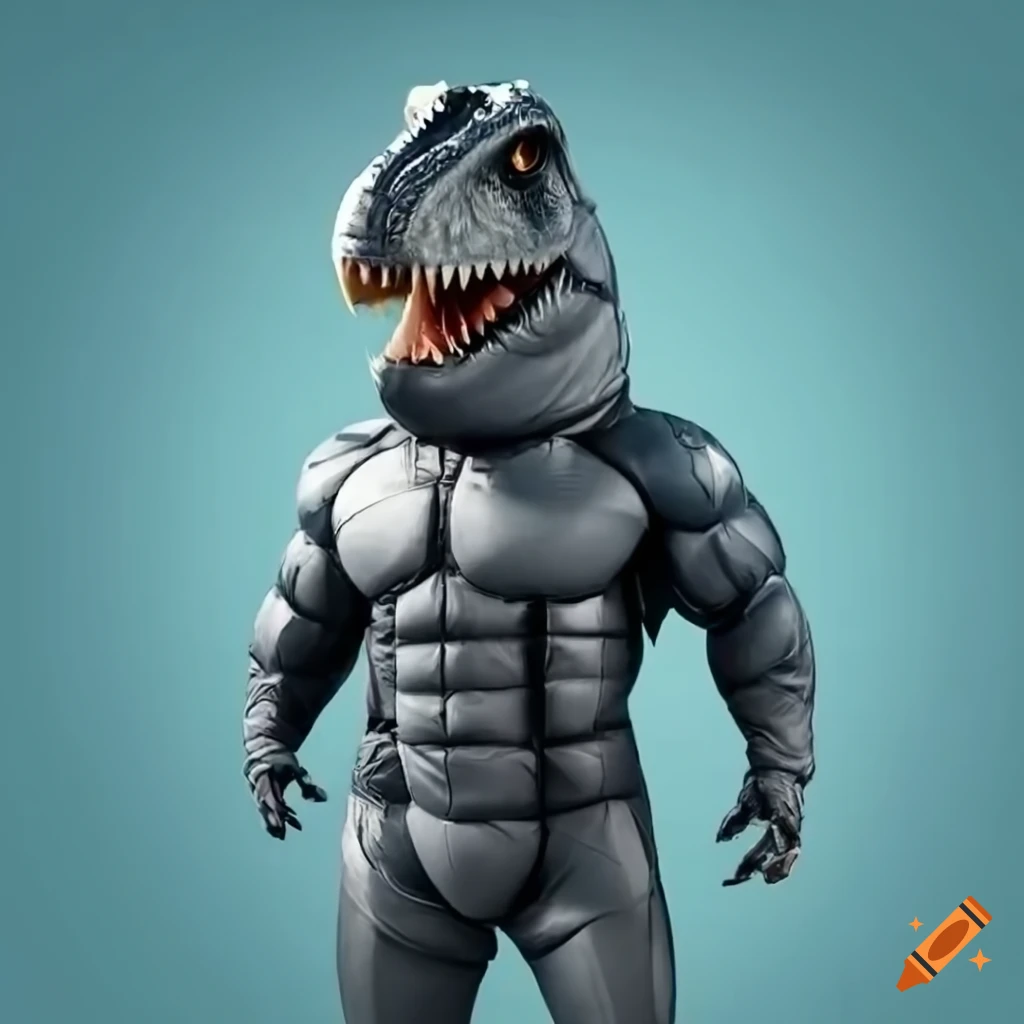 Man in gray muscle padded t-rex suit on Craiyon