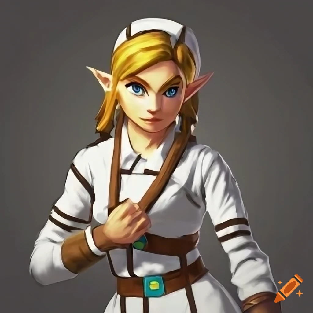 Cosplay of female link character in prison uniform on Craiyon