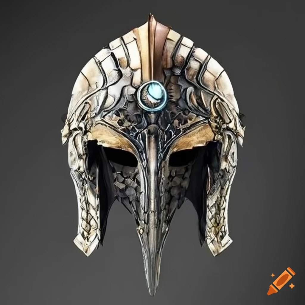 Intricate steel helmet with symmetrical design on Craiyon