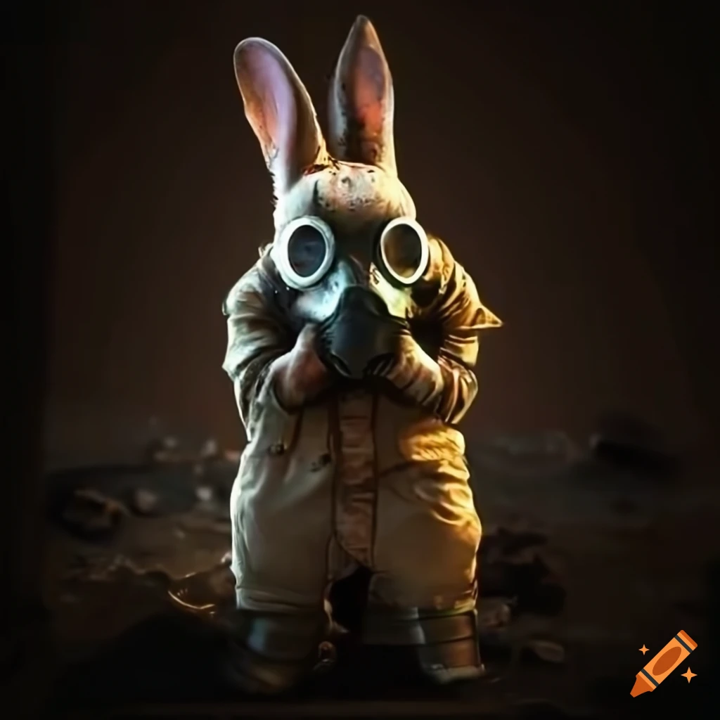 Bunny wearing a gas mask in a toxic wasteland on Craiyon