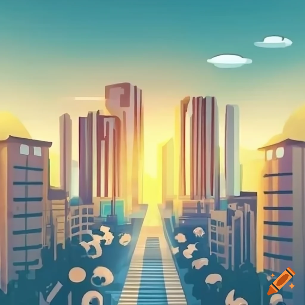Cartoon city with tall buildings under the sun