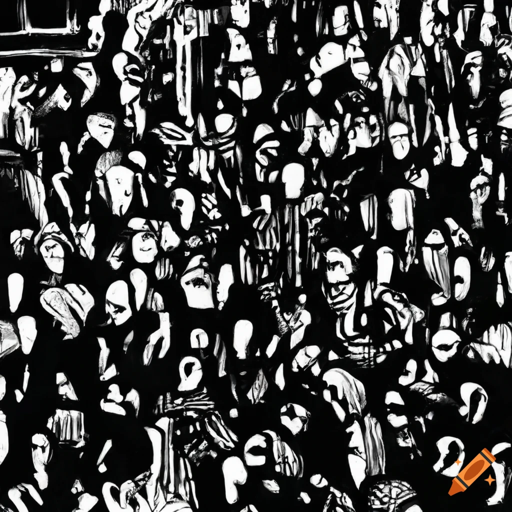 Cubist mosaic painting of a crowd in a maze