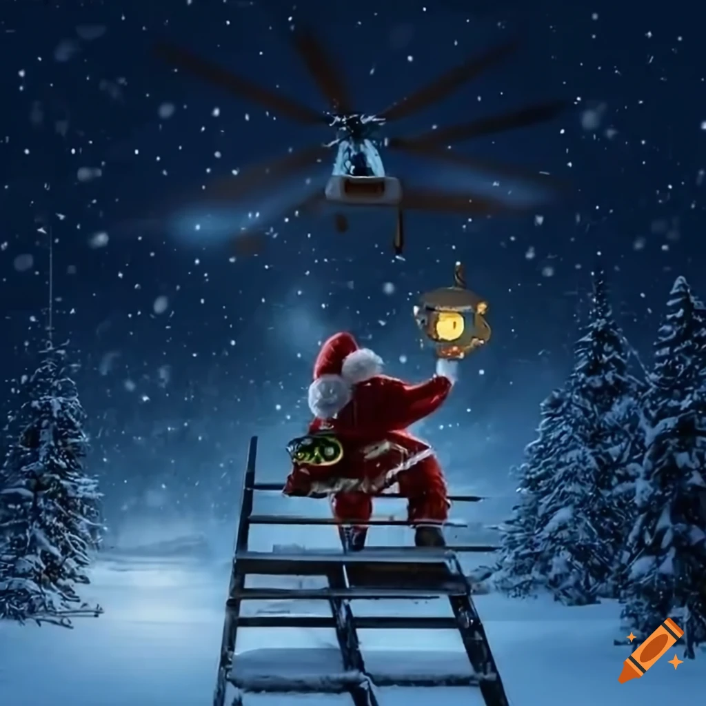 Tactical santa claus with presents and black cat on Craiyon