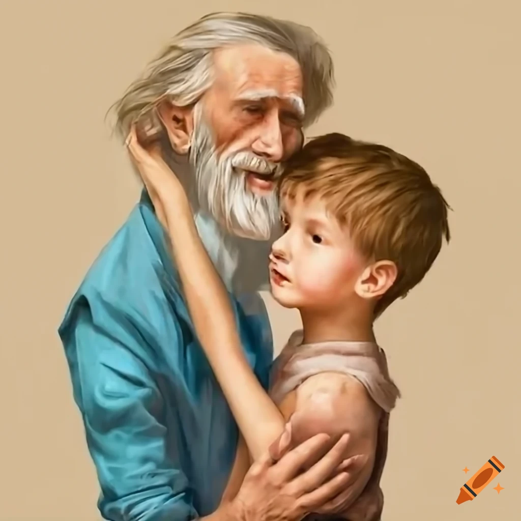Portrait of an old man and a young boy with blonde hair