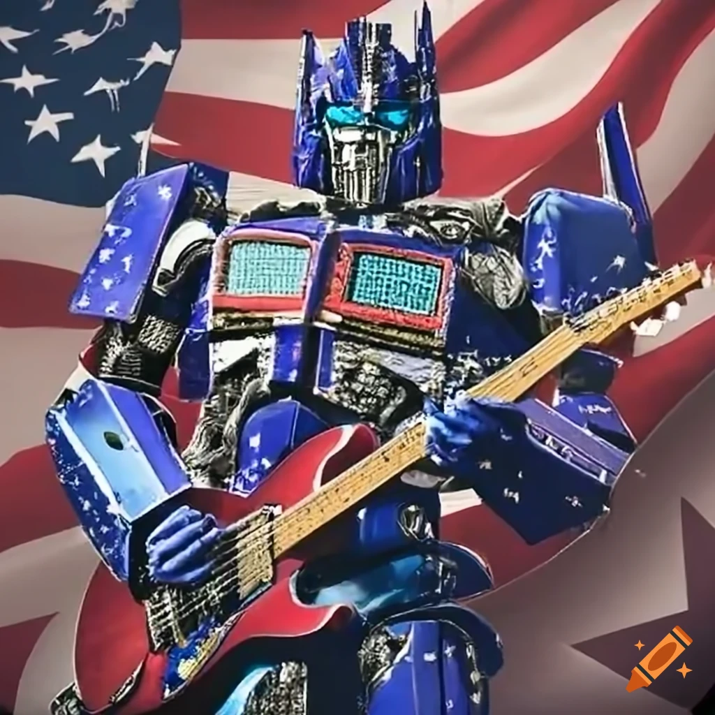 Optimus prime and bruce springsteen playing guitars with american flag