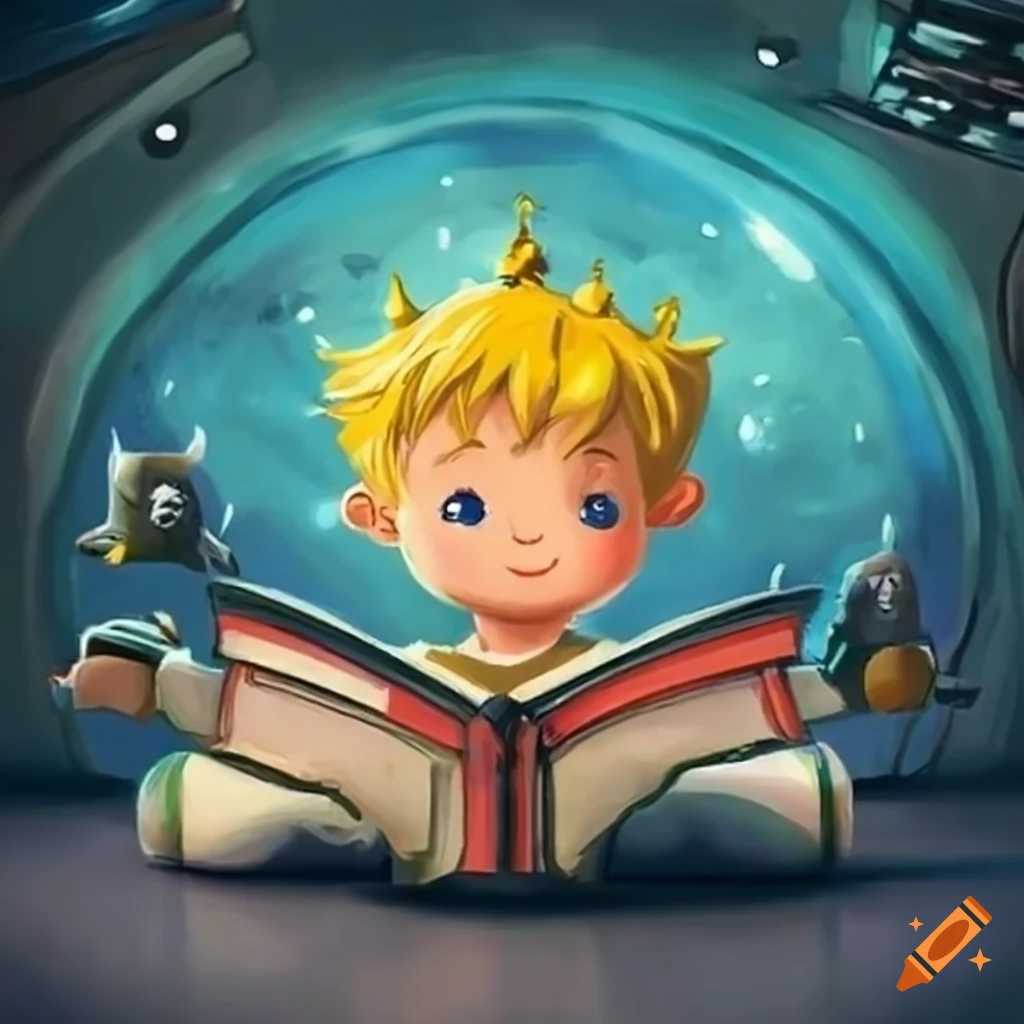 Illustration of a librarian reading le petit prince in a spaceship