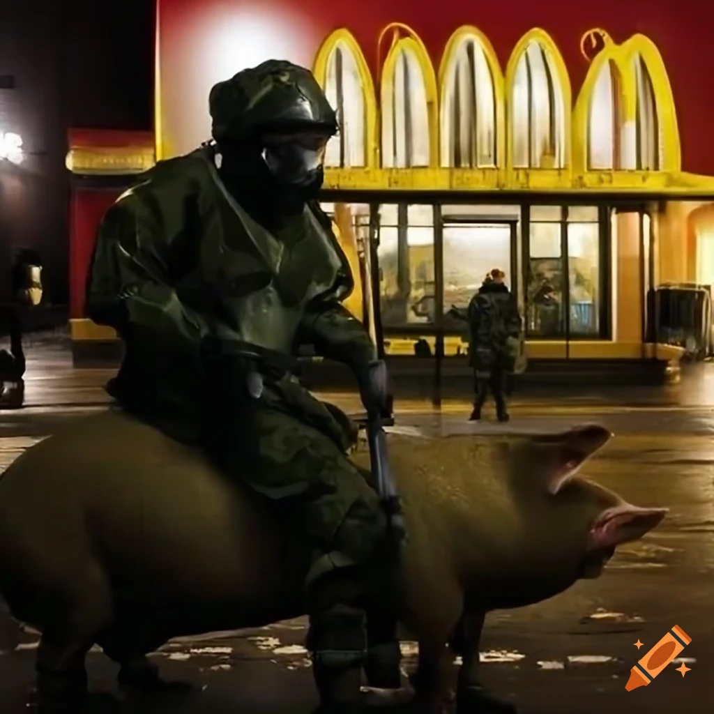 Image of a soldier in cbrn gear riding a pig