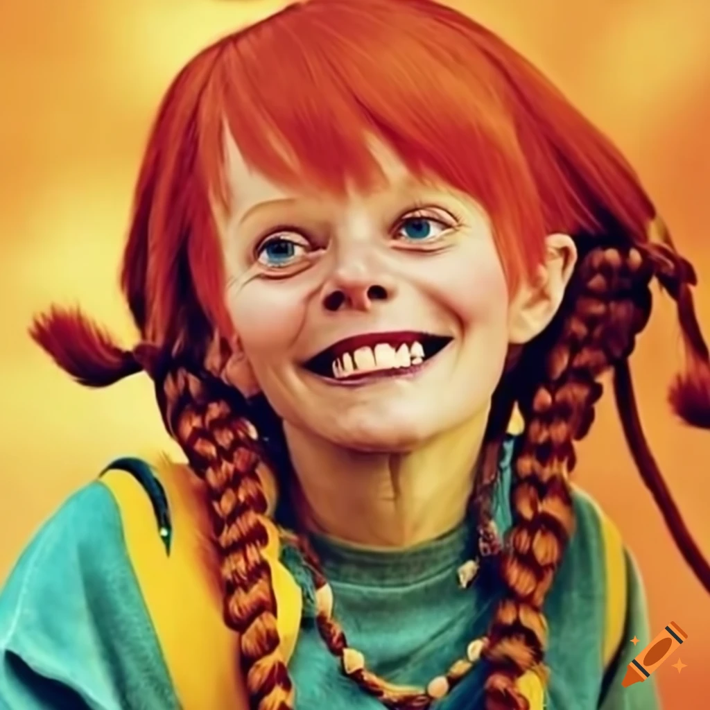 Pippi longstocking with braids and a playful expression