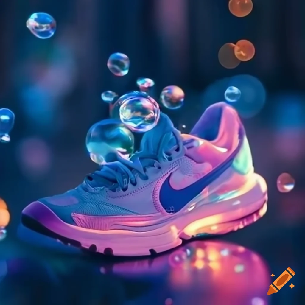 Nike sneaker in futuristic park surrounded by floating bubbles