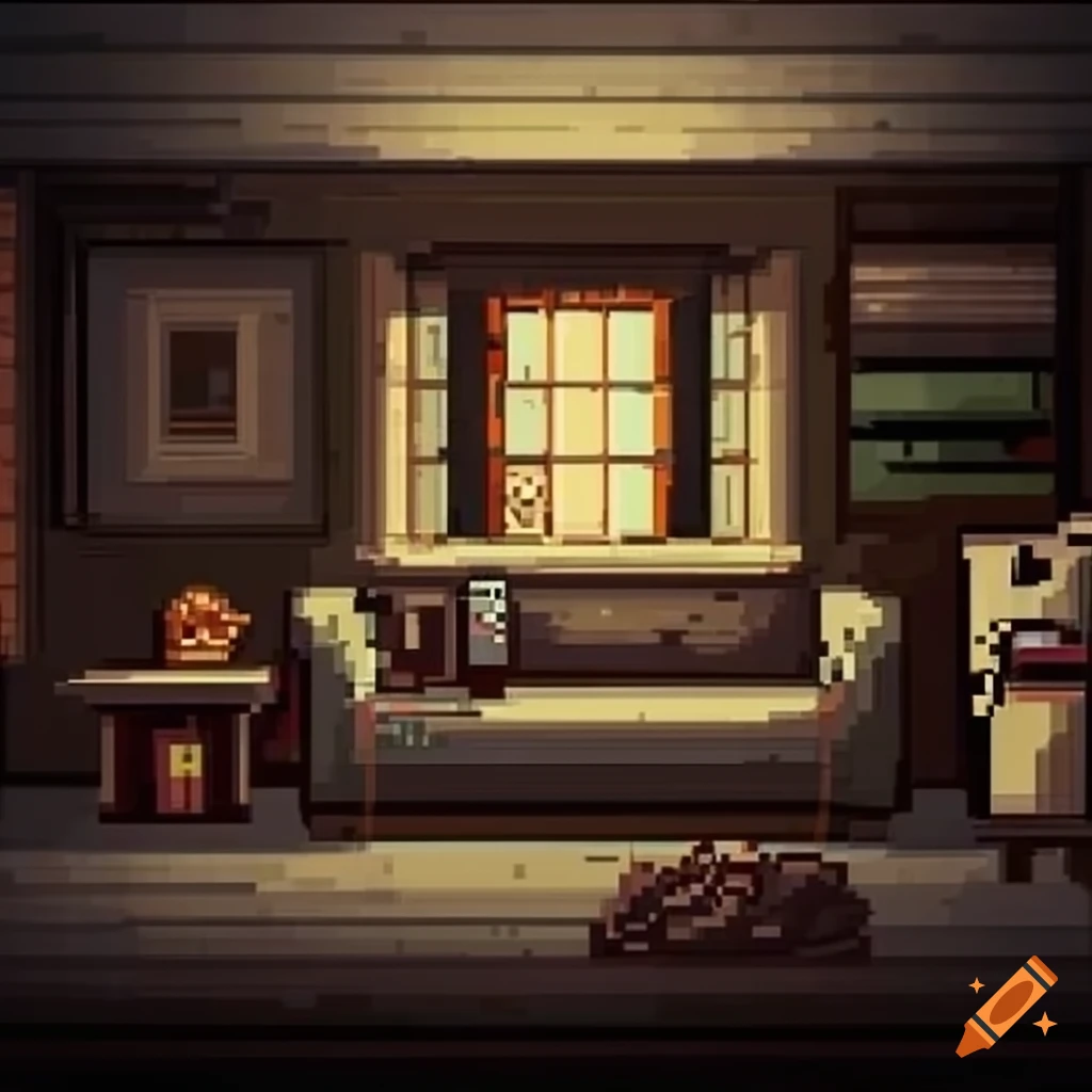 Pixel art scene of a creepy living room