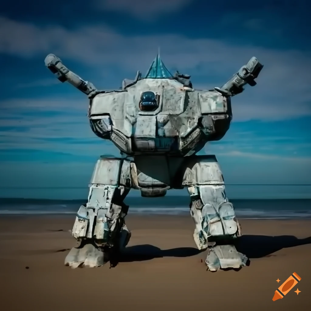 Grey and blue mech with long legs on the beach on Craiyon