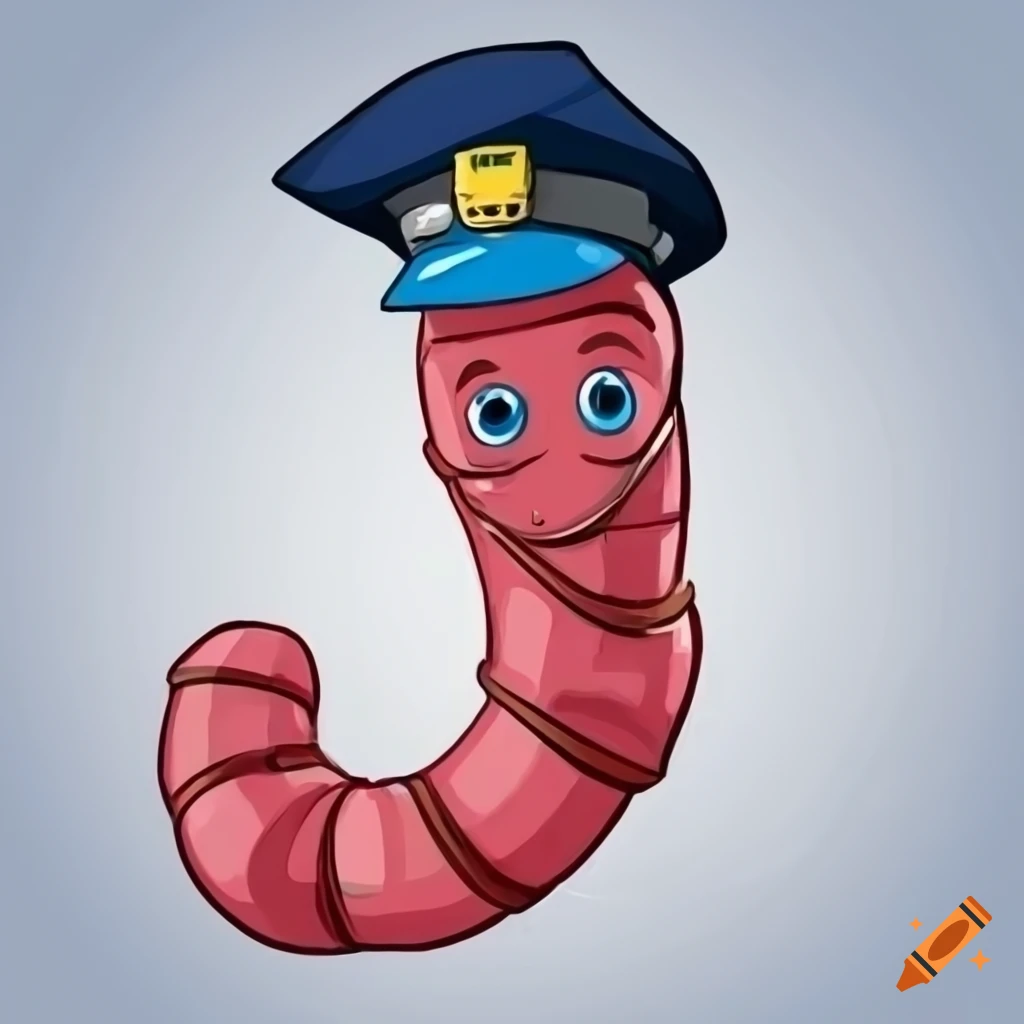 Cartoon earthworm wearing a police cap on Craiyon