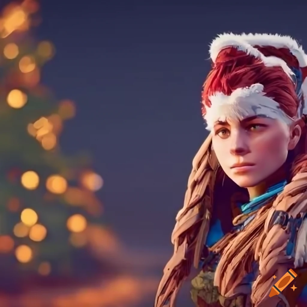 Aloy from horizon zero dawn beside a christmas tree