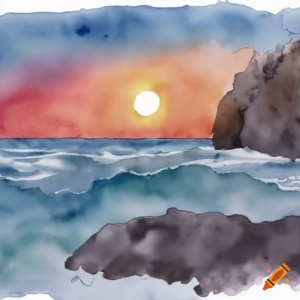 Watercolor painting of the sun reflecting on rocks in the ocean on Craiyon