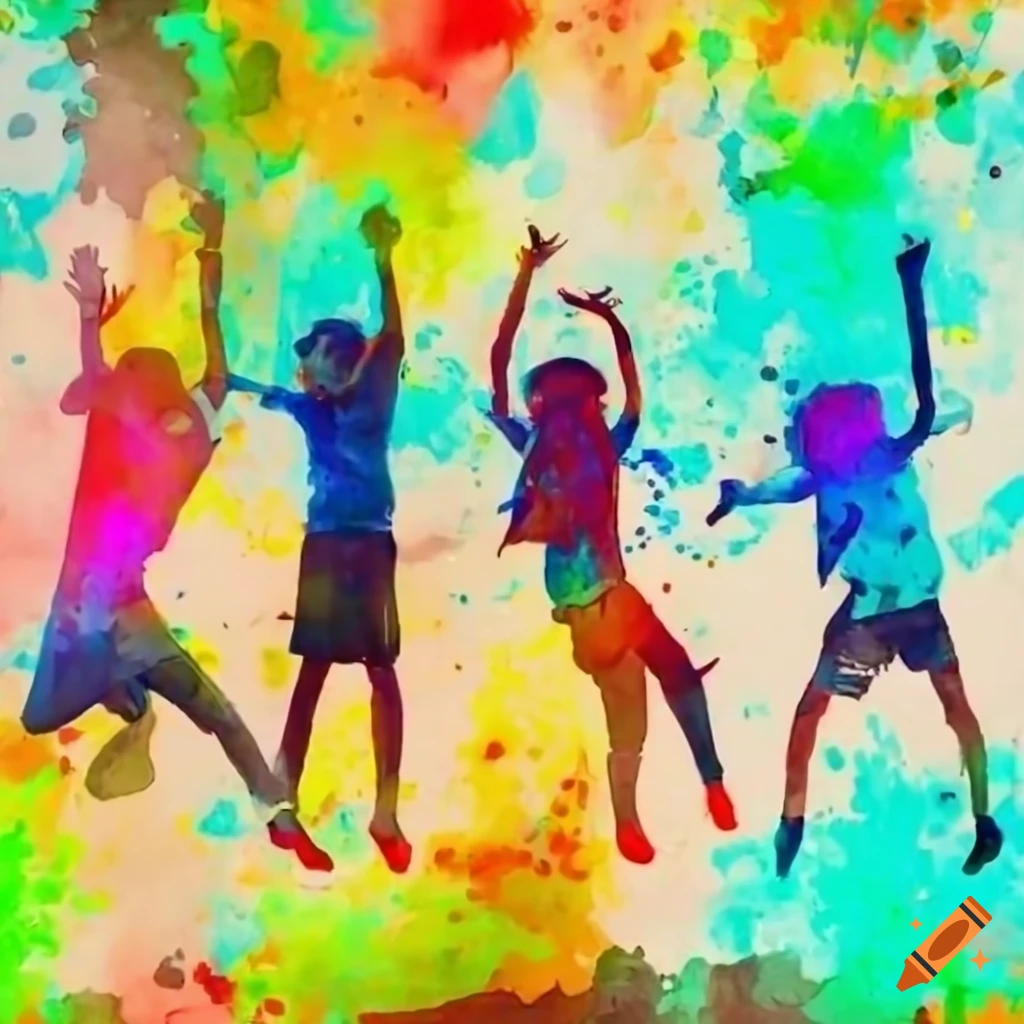 Watercolor painting of children jumping at a trampoline park on Craiyon