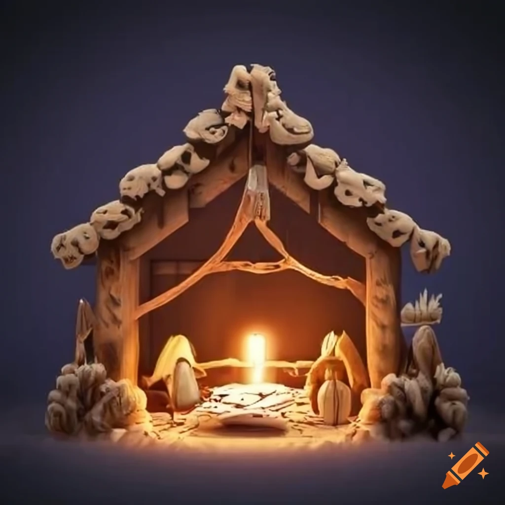 Wooden house with a manger inside on Craiyon