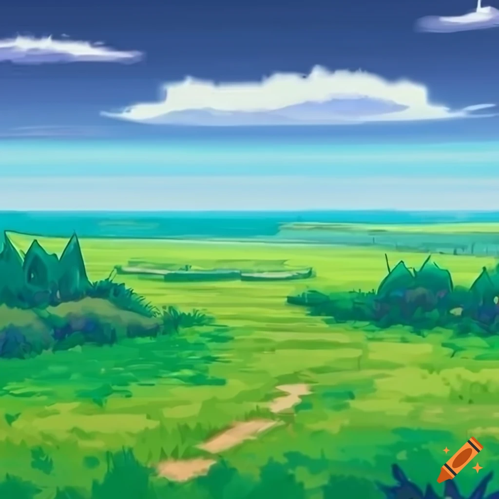 Pokemon-style landscape with a path in the foreground on Craiyon