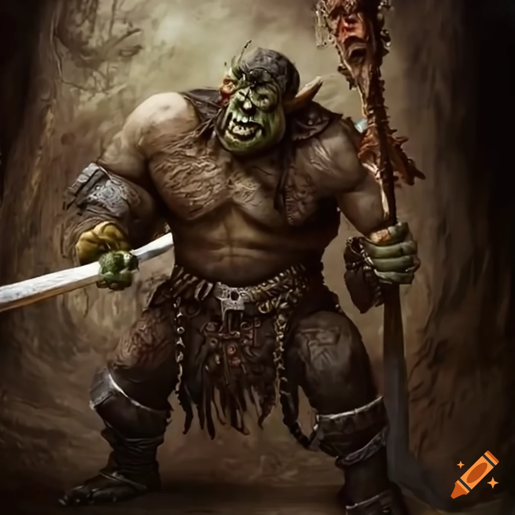 Fantasy artwork of a half-orc warrior with a great axe on Craiyon